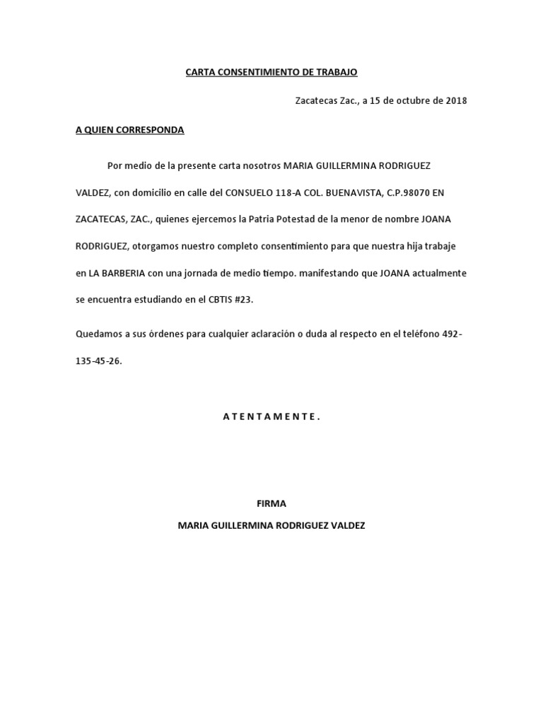 Carta Consentimiento de Trabajo | PDF
