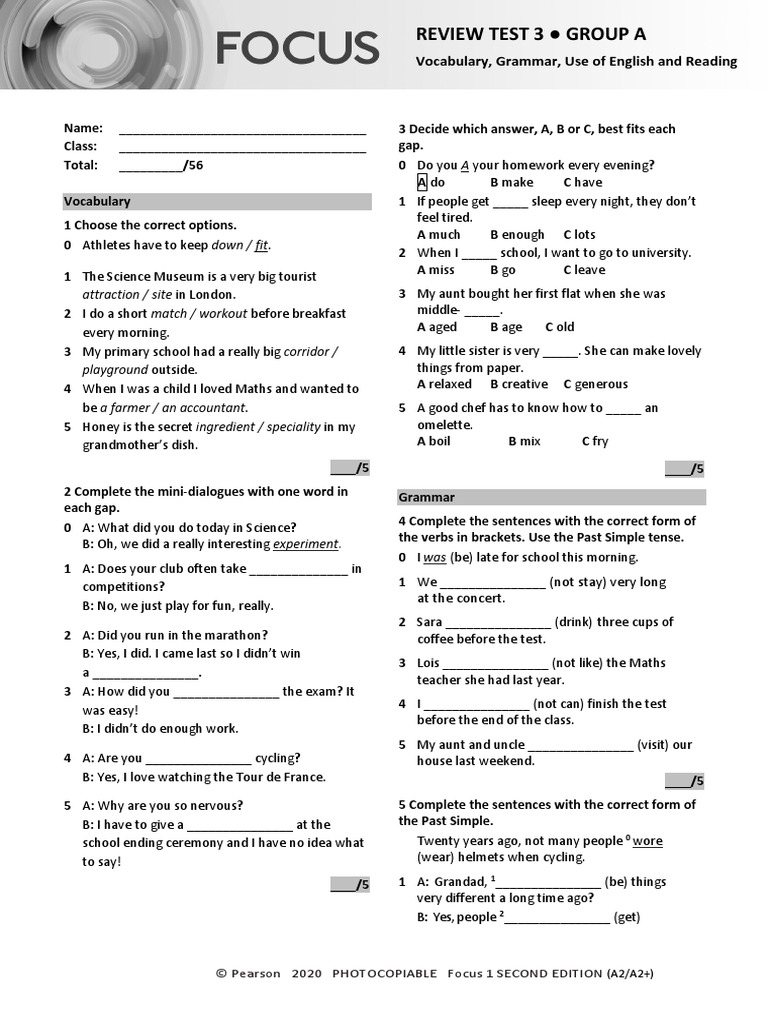 Focus1 2E Review Test 3 Units1 6 Vocabulary Grammar UoE Reading GroupA ...