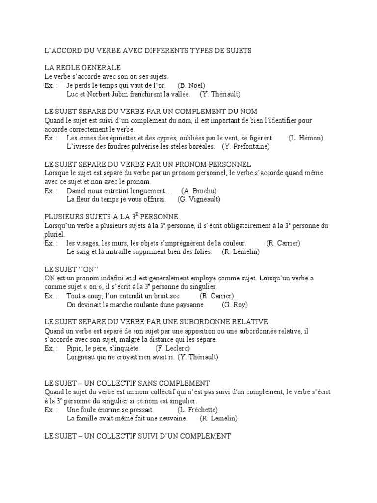 Accord du verbe avec les sujets | PDF | Nombre grammatical | Phrase