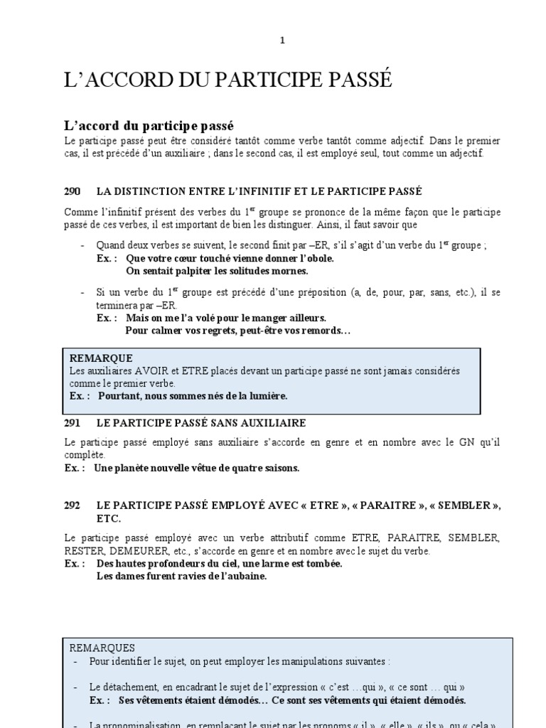 Accord du participe passé expliqué | PDF | Sujet (Grammaire) | Verbe
