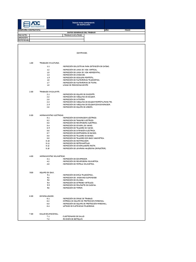 Índice de inspección de seguridad y equipos de trabajo | PDF | Materiales de construcción ...