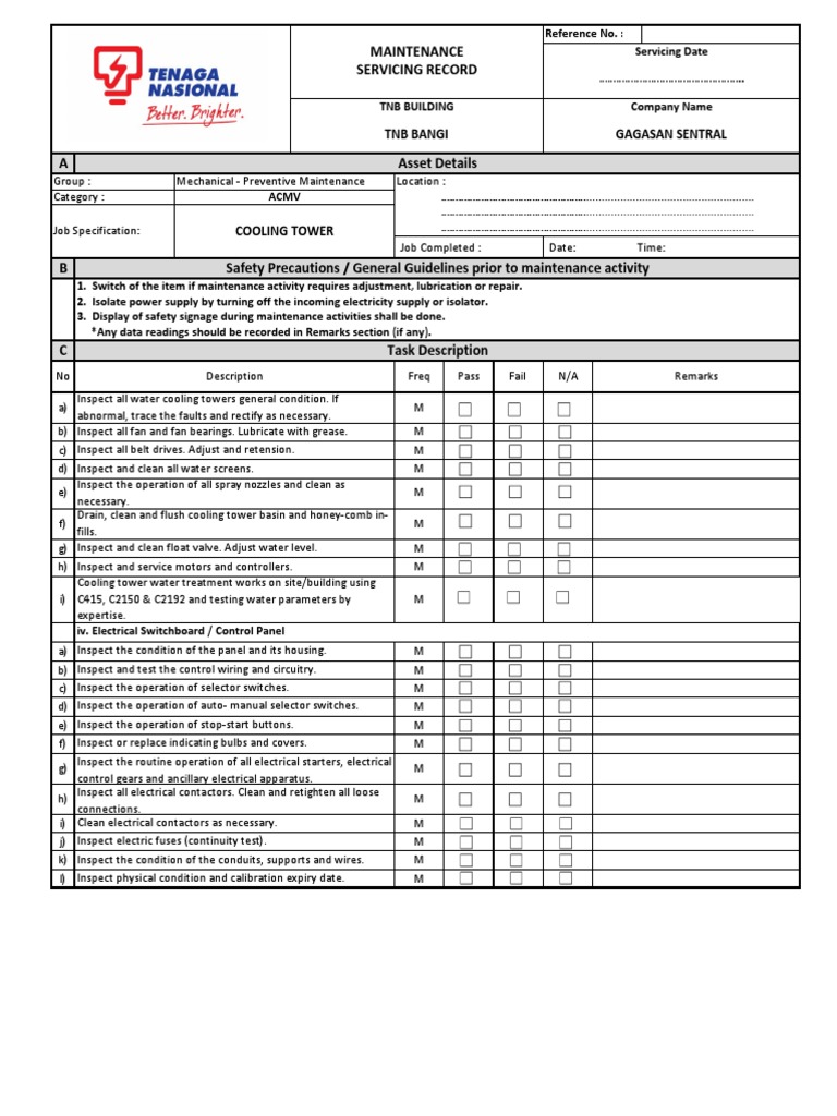 Cooling Tower Maintenance Checklist | PDF | Electricity | Manufactured ...