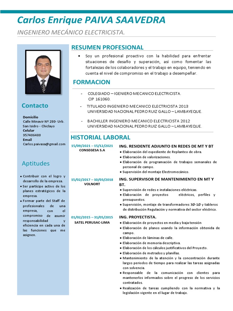 Perfil Profesional de Carlos Paiva | PDF | Ingeniería mecánica | Ingeniería