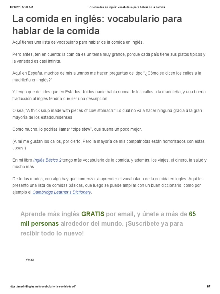 70 Comidas en Inglés - Vocabulario para Hablar de La Comida | PDF ...