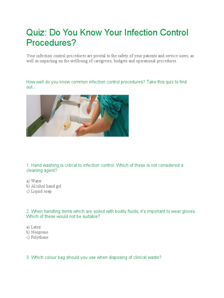 Quiz Infection Control | PDF | Hand Washing | Medicine