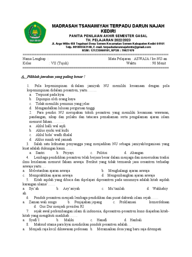 Soal Pas Aswaja Kls 7 2022 | PDF