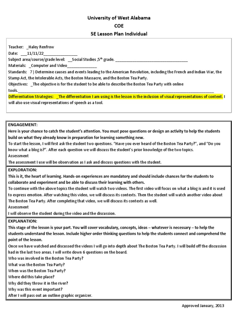 5E Lesson Plan: Boston Tea Party | PDF | Educational Assessment ...