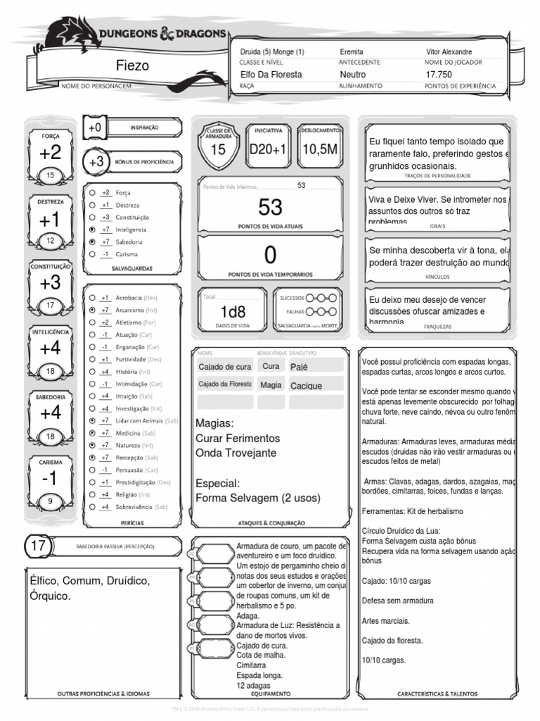 Ficha DN D | Download grátis PDF | Druida