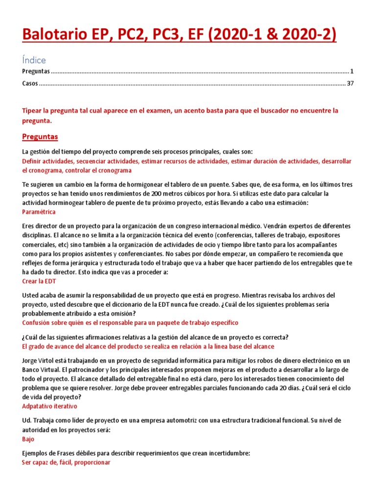 Gerencia de Proyectos - Balotario PC1, EP, PC2, PC3, EF (2020-1 & 2020-2) | PDF | Calidad ...