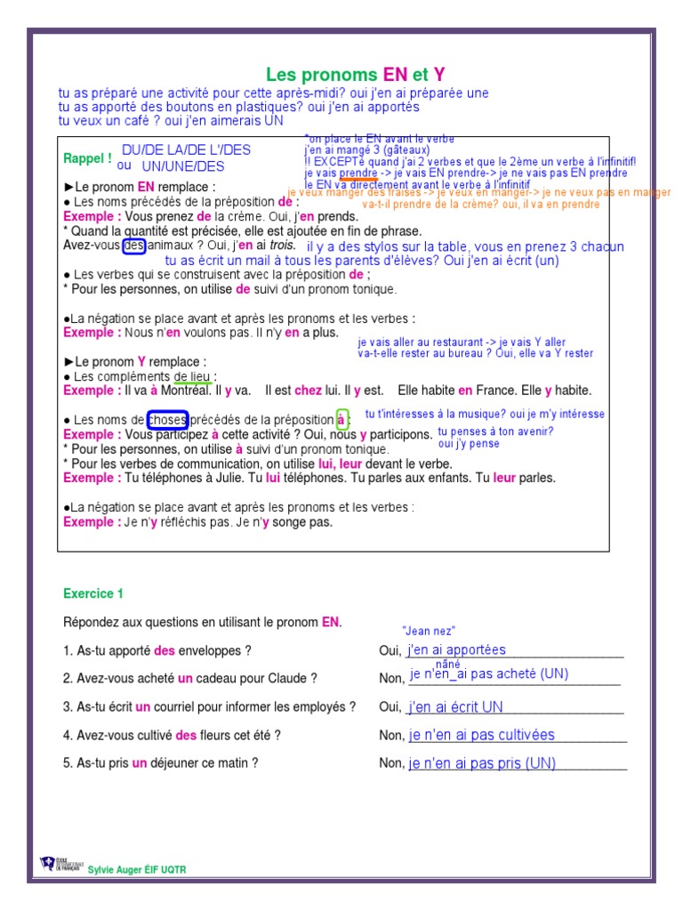 Les Pronoms Complements EN Et Y Exercices | PDF | Pronom | Verbe