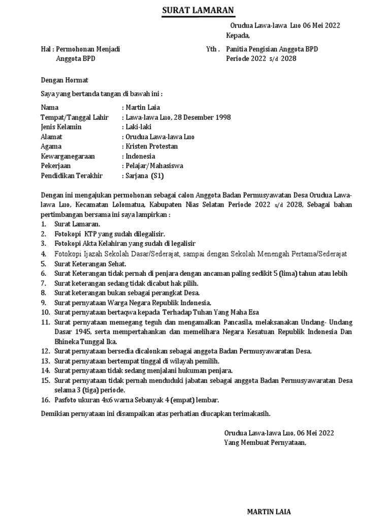 Surat Lamaran BPD | PDF