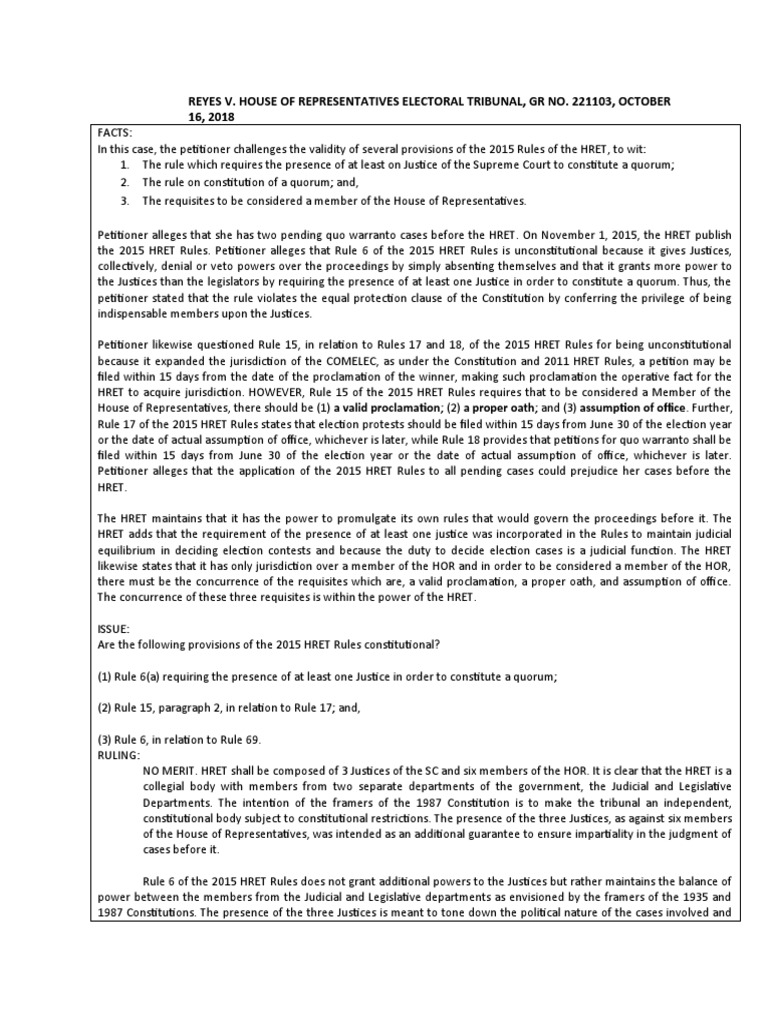 Reyes vs. HRET | PDF | Equal Protection Clause | Supreme Court Of The ...