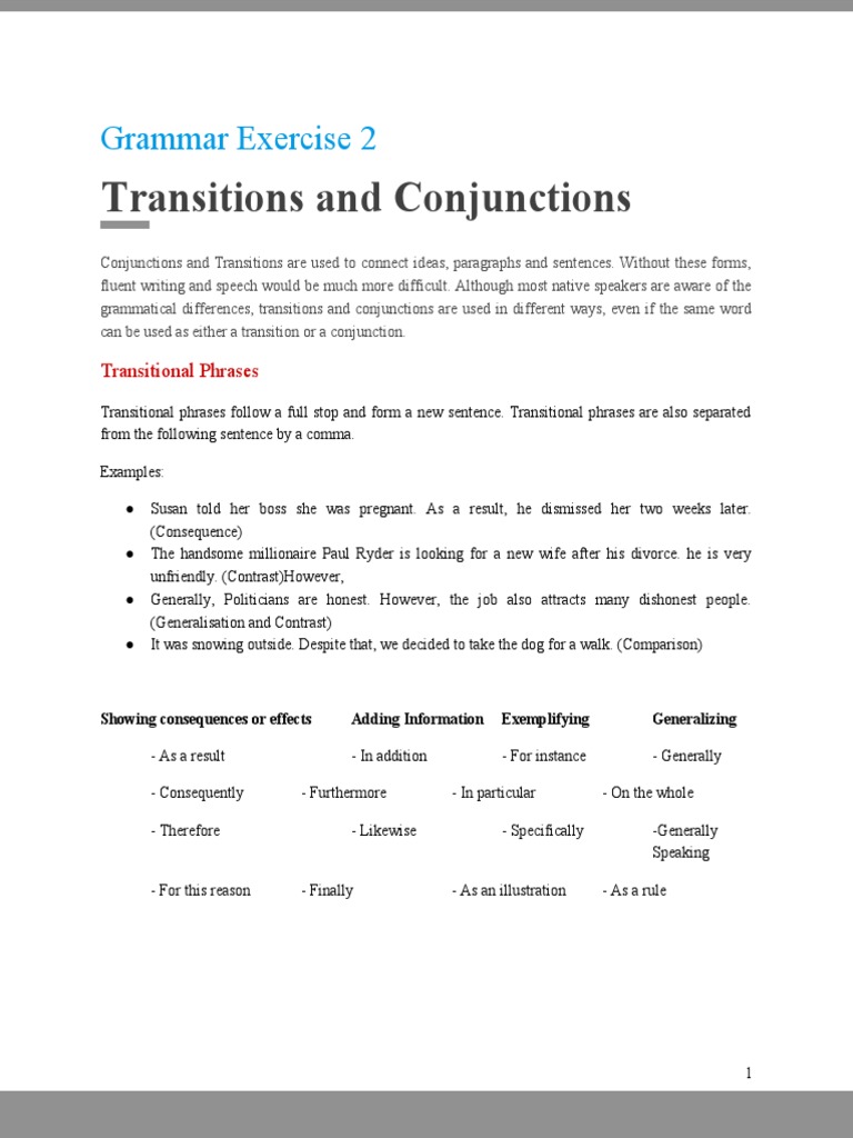 AC _ Grammar Exercise 2 _ Transitions and Conjunctions | PDF