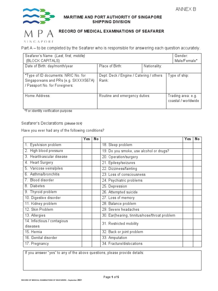 MPA-ANNEX B-C - Seafarer Medical Fitness and Certificate | PDF