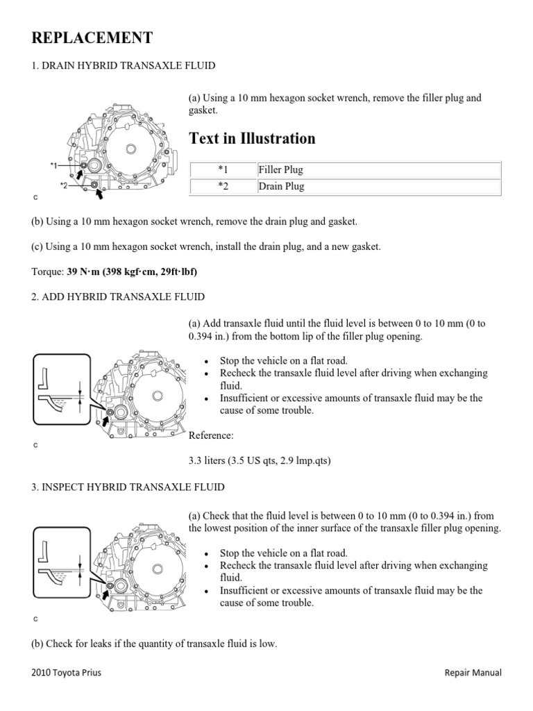 2010 Toyota Prius Repair Manual - Maintenance - Transaxle Fluid Change ...