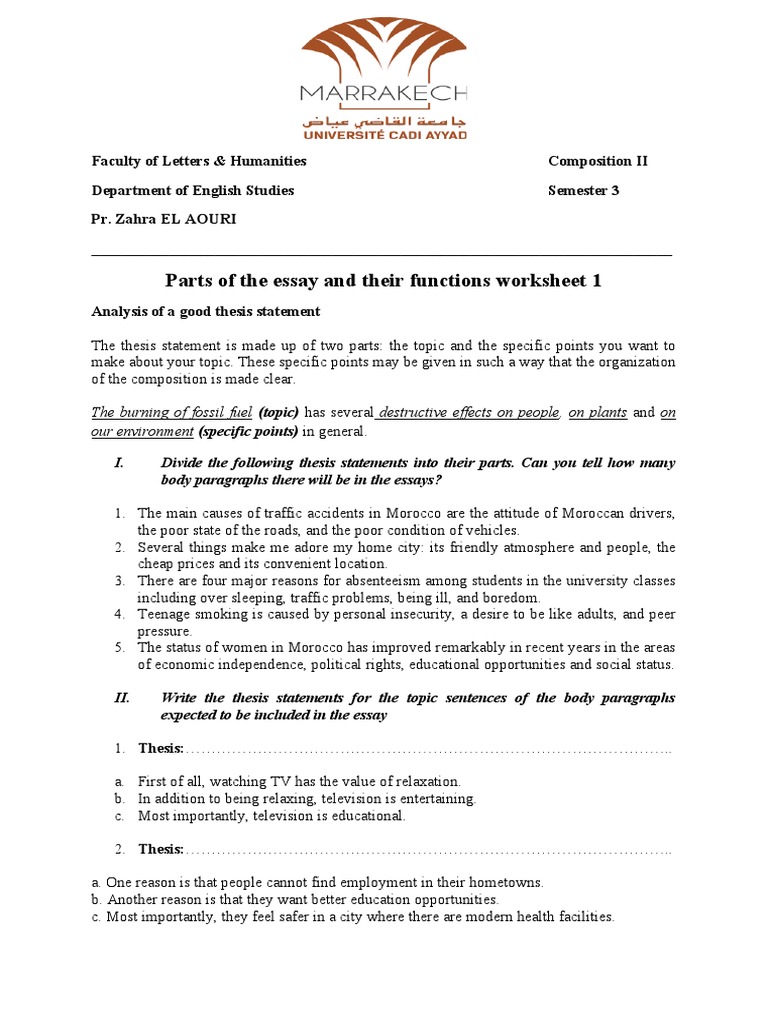 Parts of The Essay and Their Functions 1 Worksheet | PDF | Tobacco ...