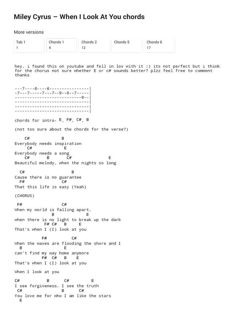 When I Look at You Chords With Lyrics by Miley Cyrus For Guitar and ...