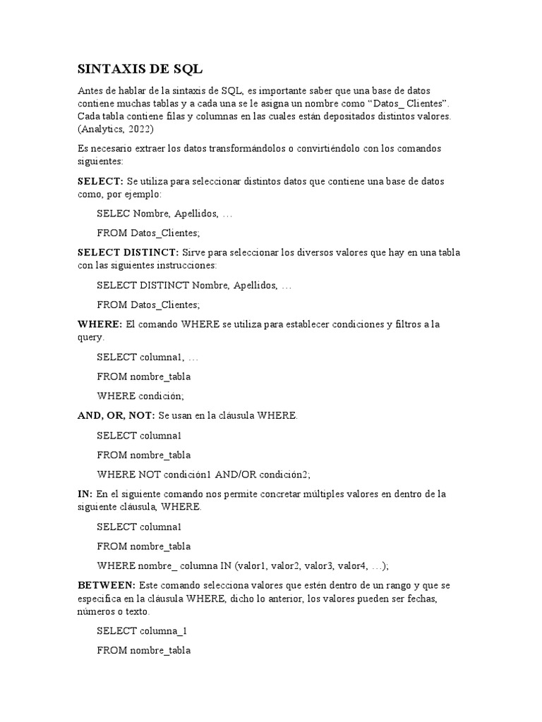 Sintaxis de SQL | PDF | SQL | Tecnologías de la información