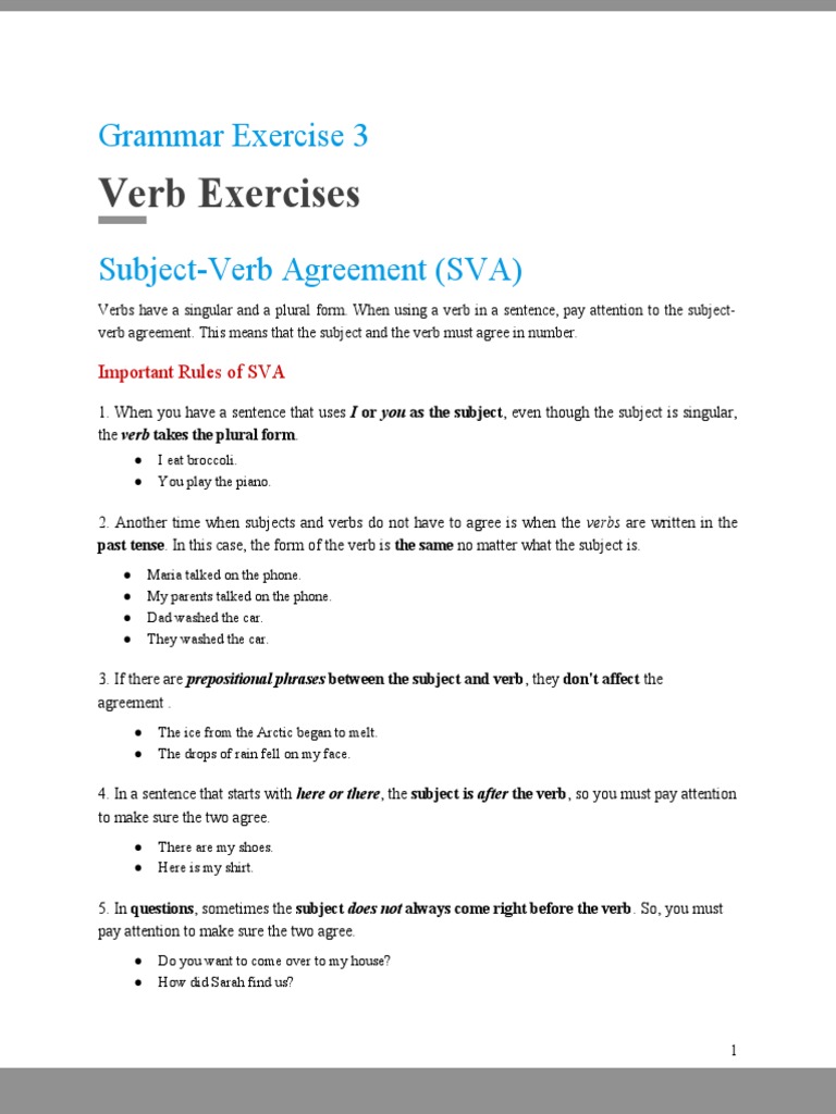 Verb Exercises: Agreement & Types | PDF | Verb | Subject (Grammar)