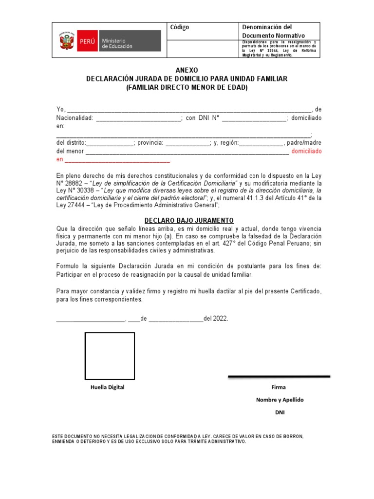 Anexo 07 Declaracion Jurada para Unidad Familiar Directo Menor de Edad | PDF | Ley Pública ...