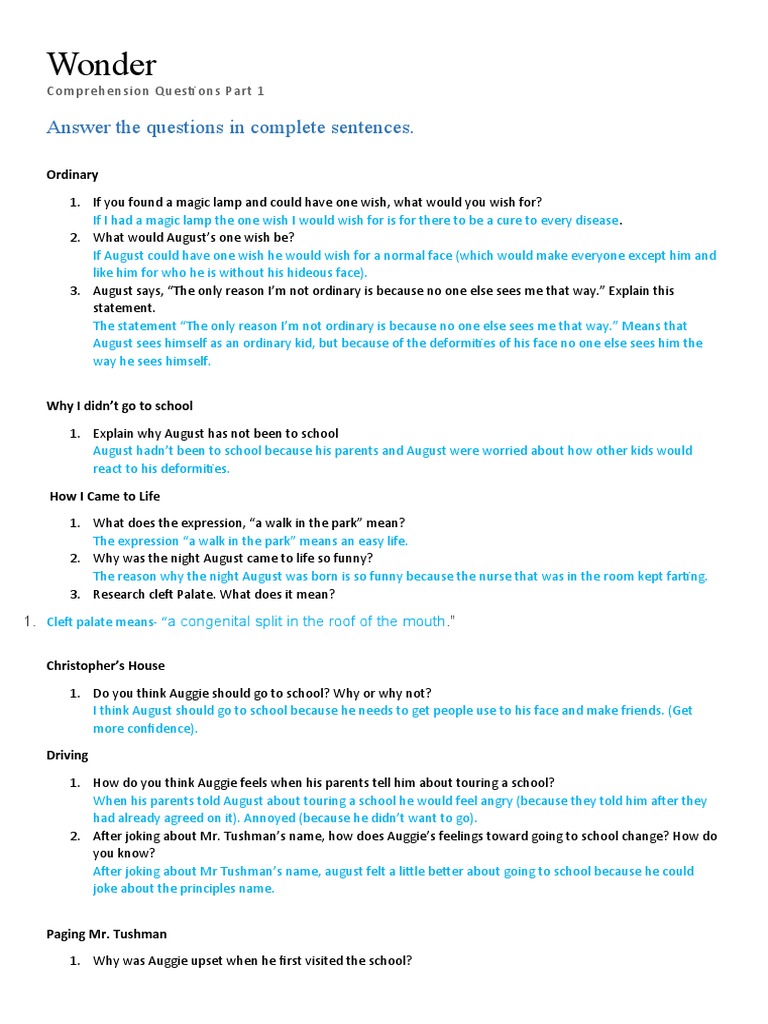 Wonder Part 1 Comprehension Questions | PDF | Self-Improvement