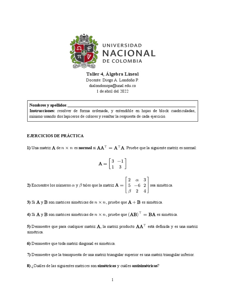 Ejercicios de Álgebra Lineal: Matrices y Determinantes | PDF | Matriz ...