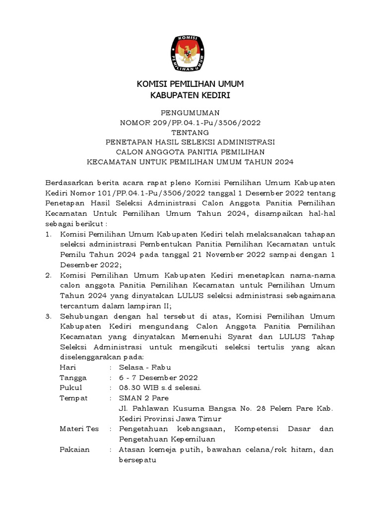 Pengumuman Adm PPK Kpu Kab. Kediri | PDF