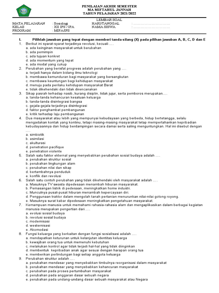 Soal Pas SMT 1 Sosiologi Kelas Xii Ips Dan Ipa | PDF
