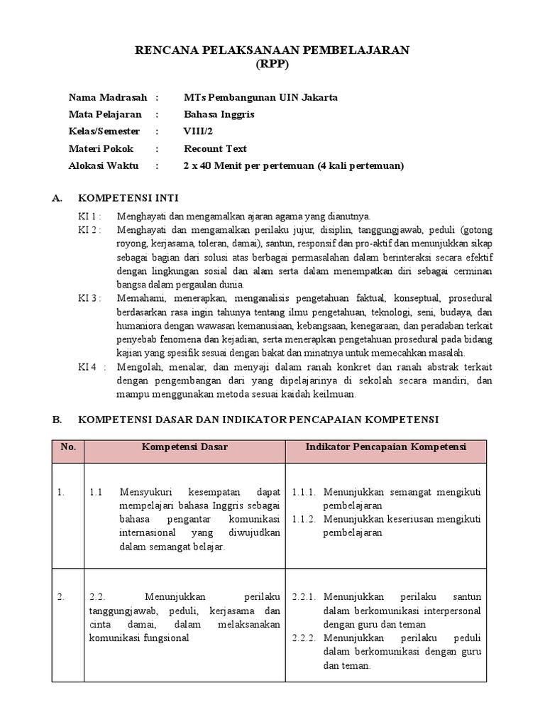 RPP Recount Text Kelas 8 Bahasa Inggris | PDF | Karier & Perkembangan