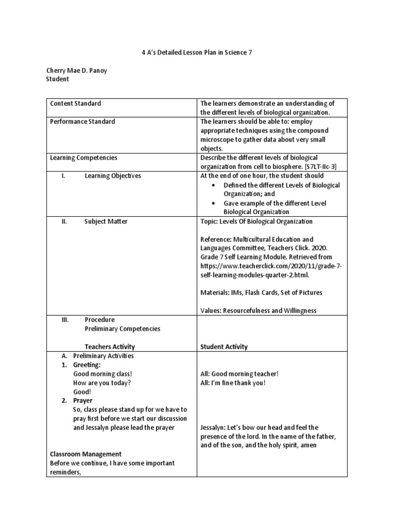 4 A Lesson PLan Revised | PDF | Tissue (Biology) | Life