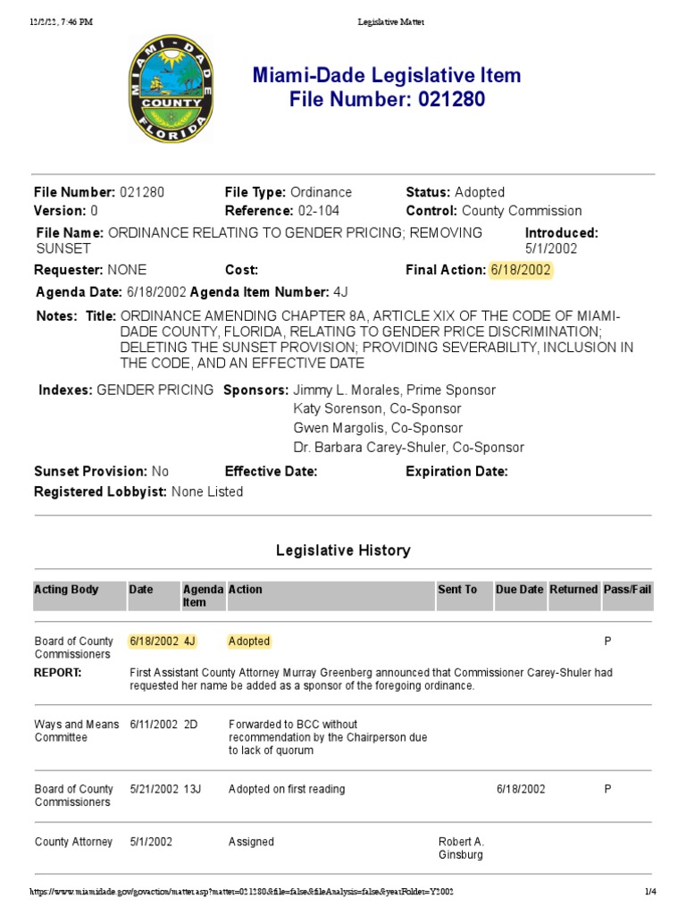 Legislative History - Miami-Dade County Gender Pricing Ordinance 1996 ...
