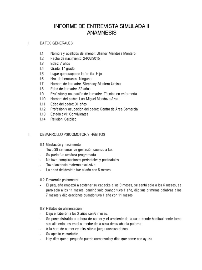 Informe Ii Entrevista Simulada Ii Anamnesis | PDF | Dormir | Especialidades Medicas