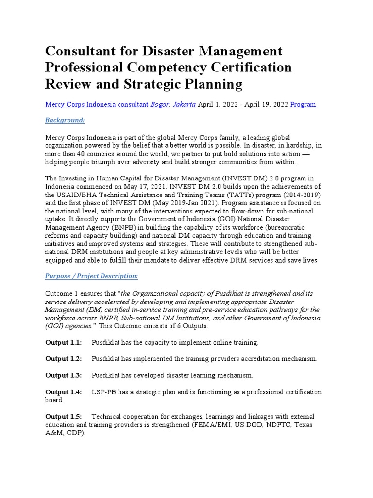 Consultant For Disaster Management Professional Competency ...