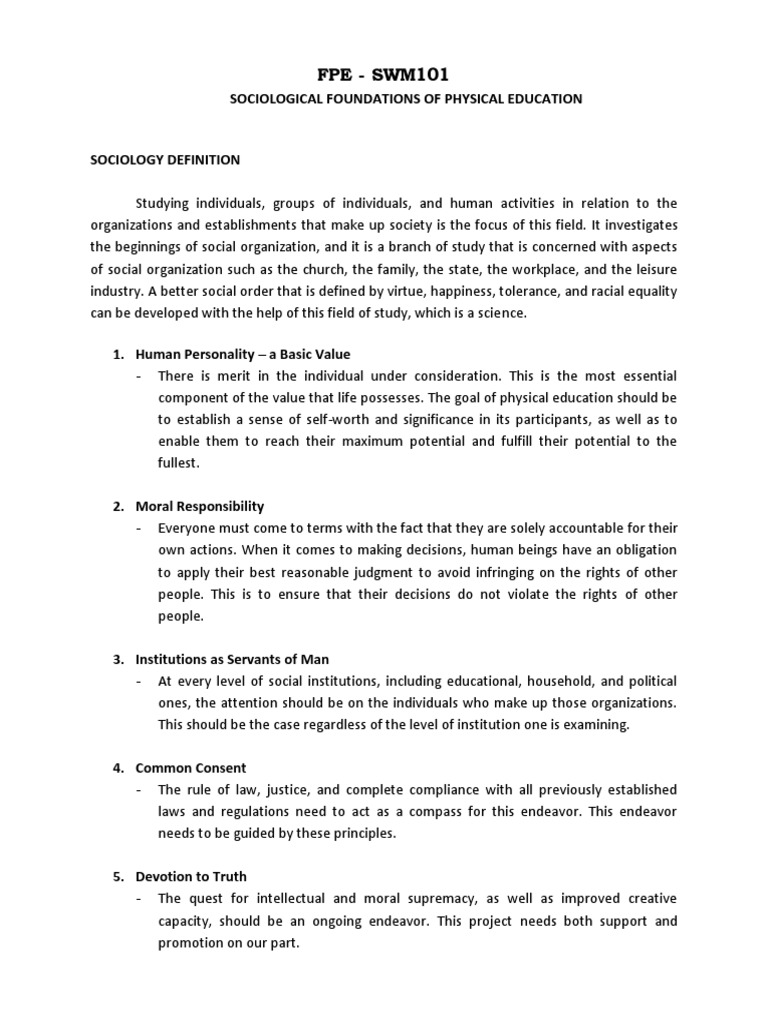 FPE - SWM101: Sociological Foundations of Physical Education | PDF | Morality | Happiness