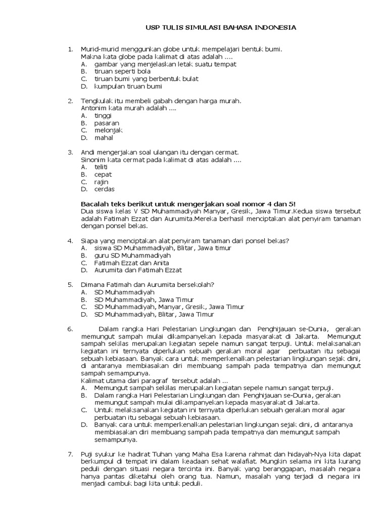USP Tulis Simulasi Bhs. Indonesia Tryout | PDF