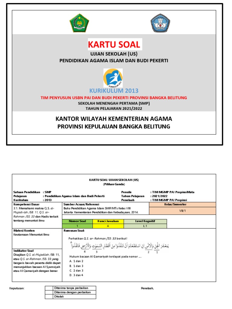 Kartu Soal Ujian Sekolah SMP Final | PDF