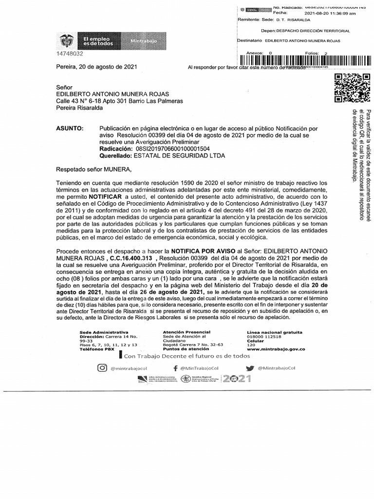 Notificacion Por Aviso DR Rda Resolucion 0399 Edilberto Antonio Munera ...