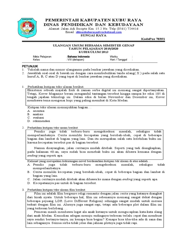 Soal Ujian BHS - Indonesia KLS 8 | PDF | Game & Aktivitas | Seni & Disiplin Bahasa