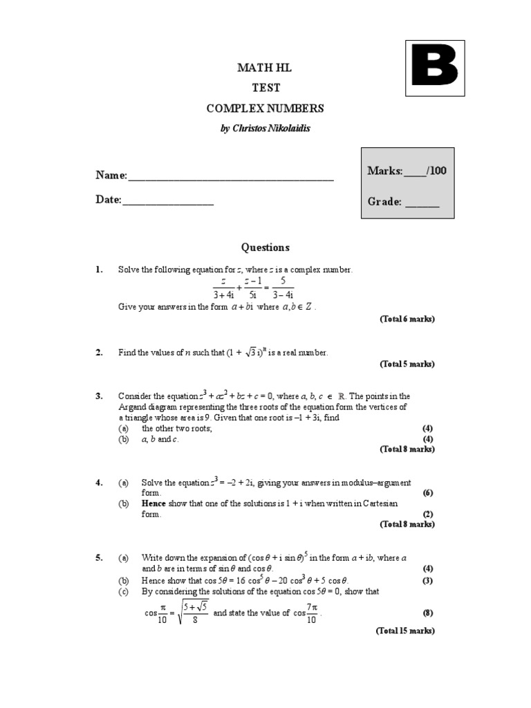 TEST 2. Complex Numbers (SOLUTIONS) | PDF | Complex Number | Equations