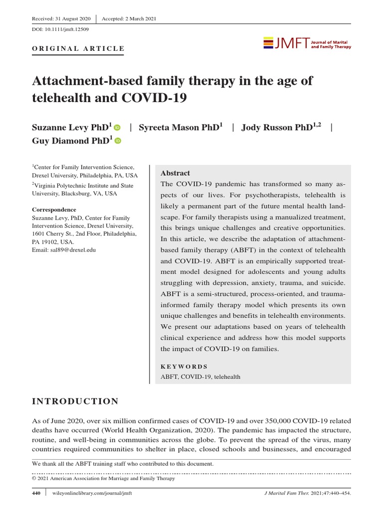 Attachment-Based Family Therapy in The Age of Telehealth and COVID-19 ... Attachment-Based Family Therapy in The Age of Telehealth and COVID-19 ...