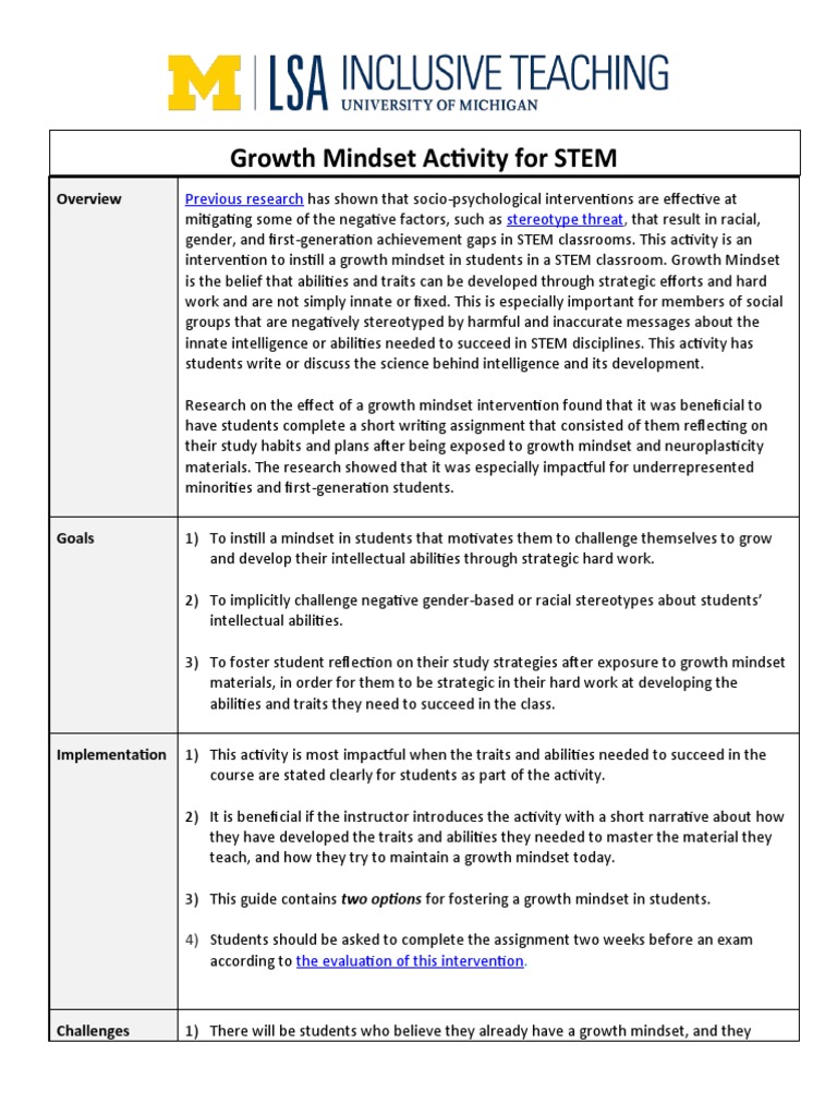 Growth Mindset Activity for STEM Students | PDF | Mindset | Learning