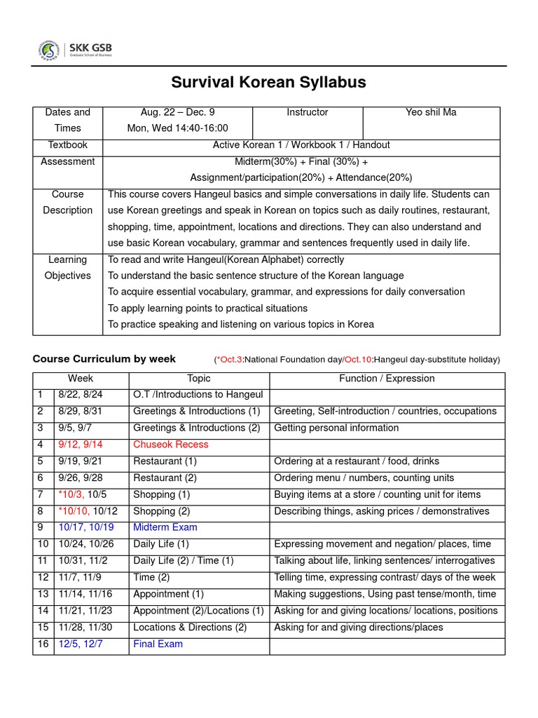 Survival Korean | PDF | Korean Language | Cognition