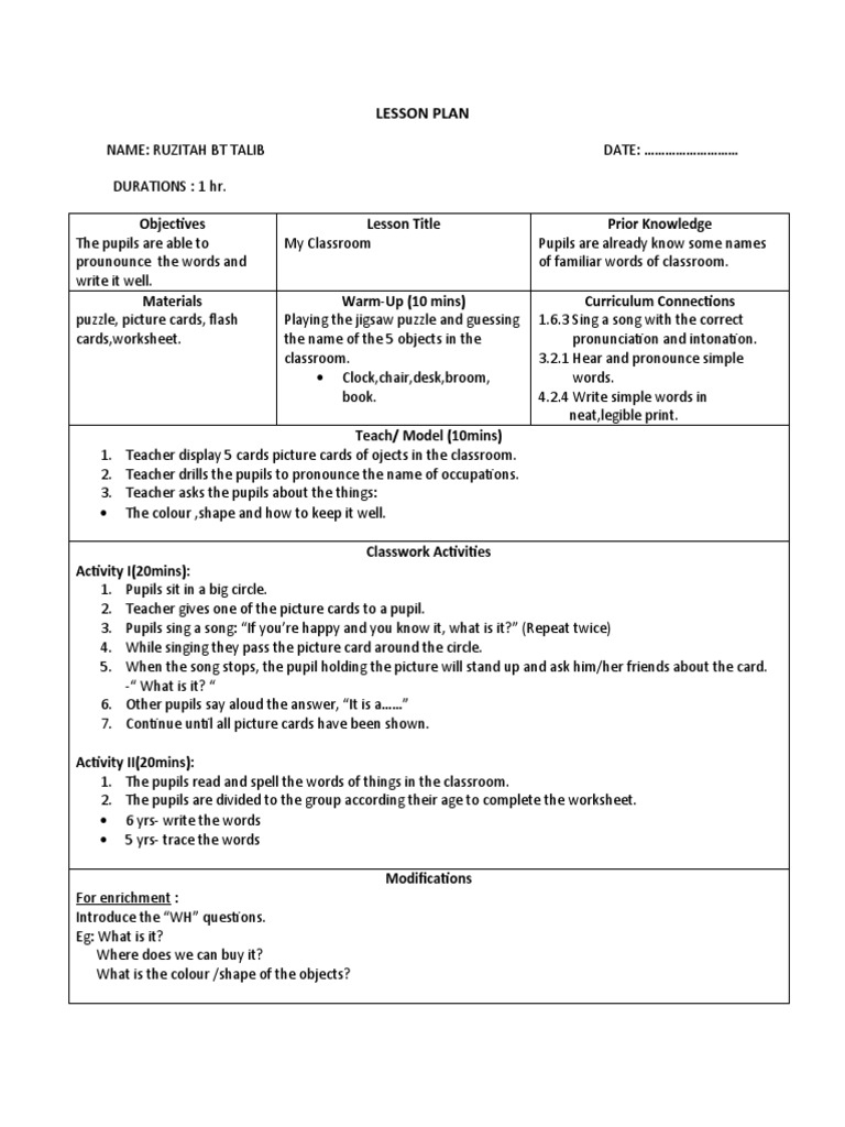 Lesson Plan | PDF | Classroom | Teachers