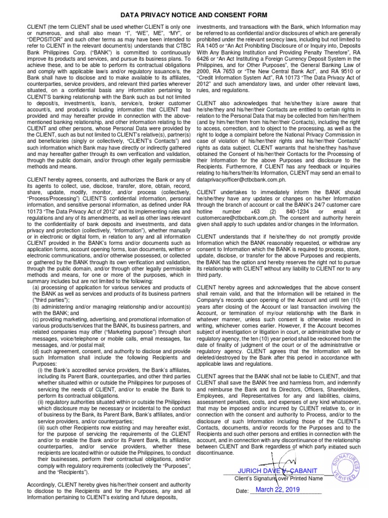 Client Data Privacy Consent Form | PDF | Banks | Privacy