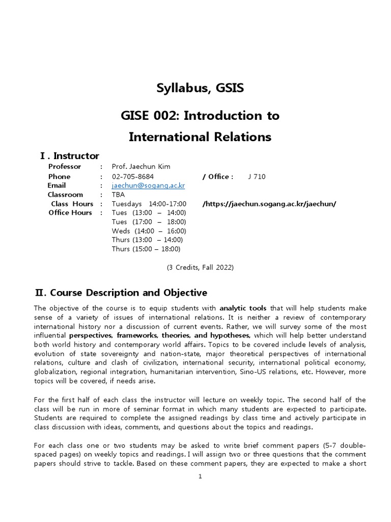 Intro To IR Syllabus Fall 2022 Modified 2022 09 05 | PDF ...