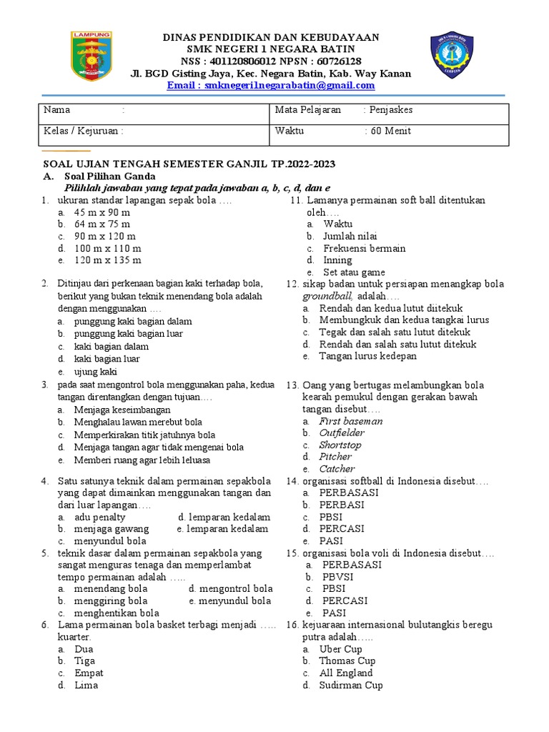 Soal UTS PENJAS KELAS X ATP, TBSM 1, TBSM 2, MULTI MEDIA | PDF