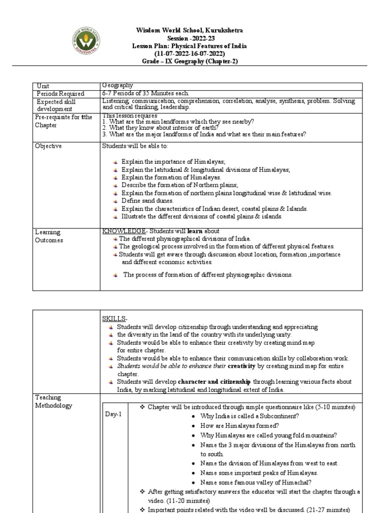 9th Lesson Plan (11-07-2022-16-07-2022) | PDF | Himalayas | Geography