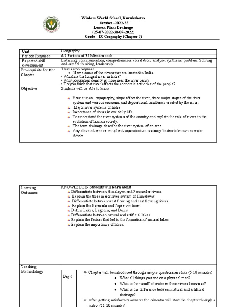 9th Lesson Plan (25-07-2022-30-07-2022) | PDF | River | Drainage Basin