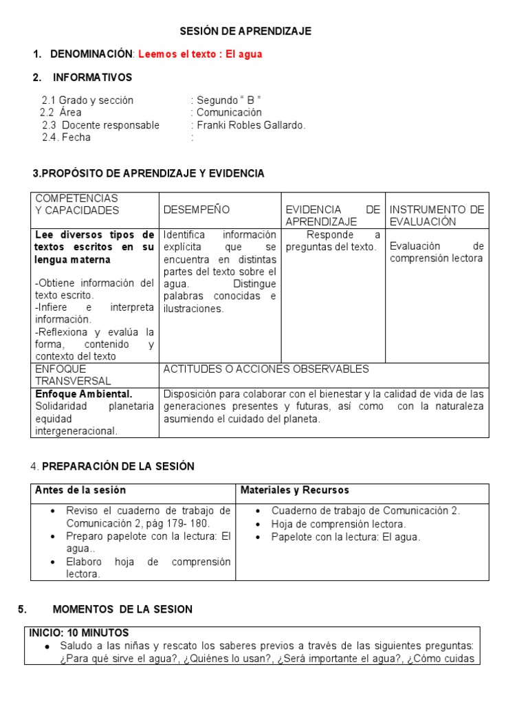 Comprensión lectora: El agua para 2° B | PDF | Agua | Comprensión lectora