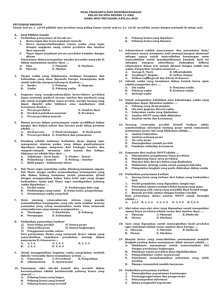 Soal Pkwu Kelas Xii Dari Seni Metasari | PDF